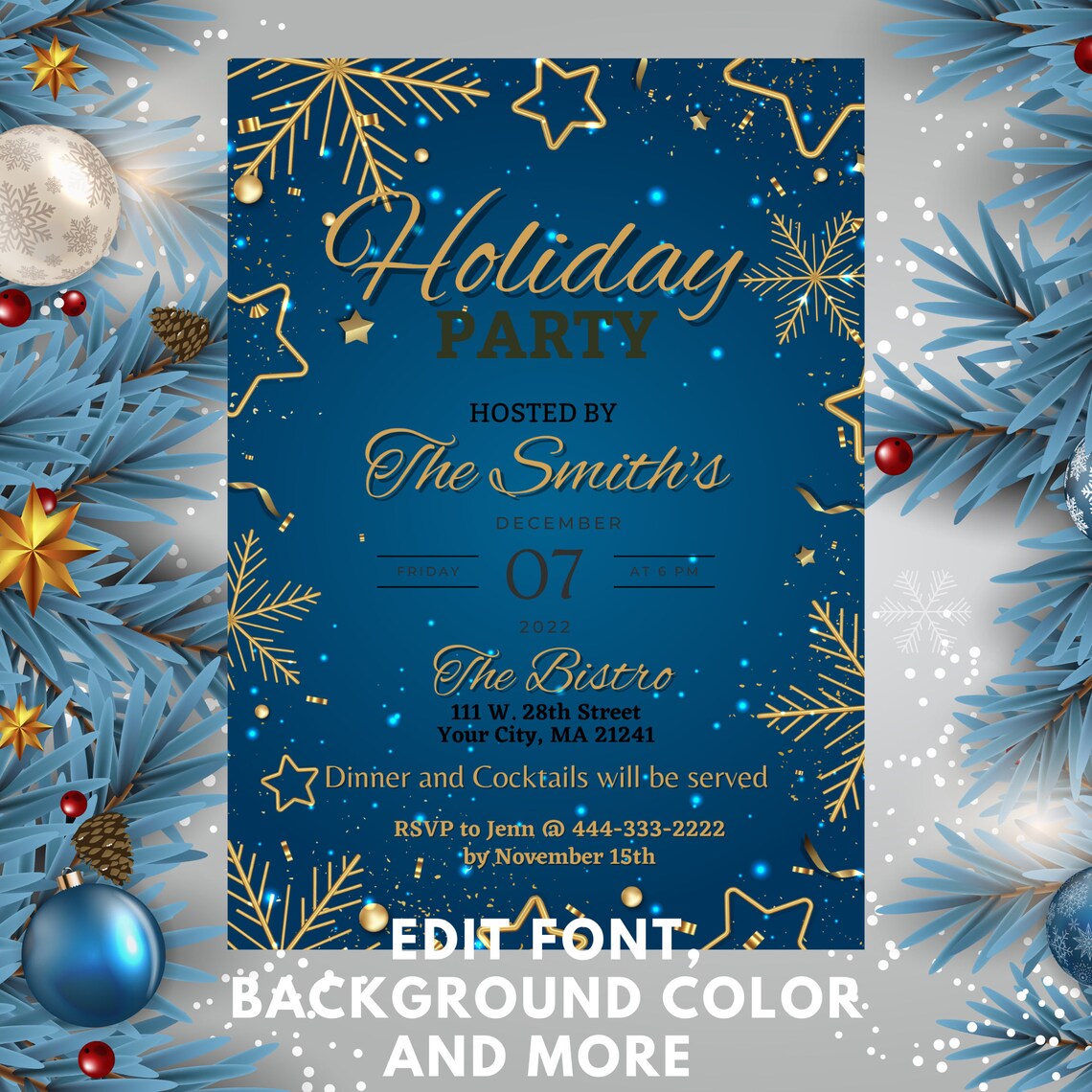Blue and Gold Christmas Party Invitation, Christmas Party Invite ...