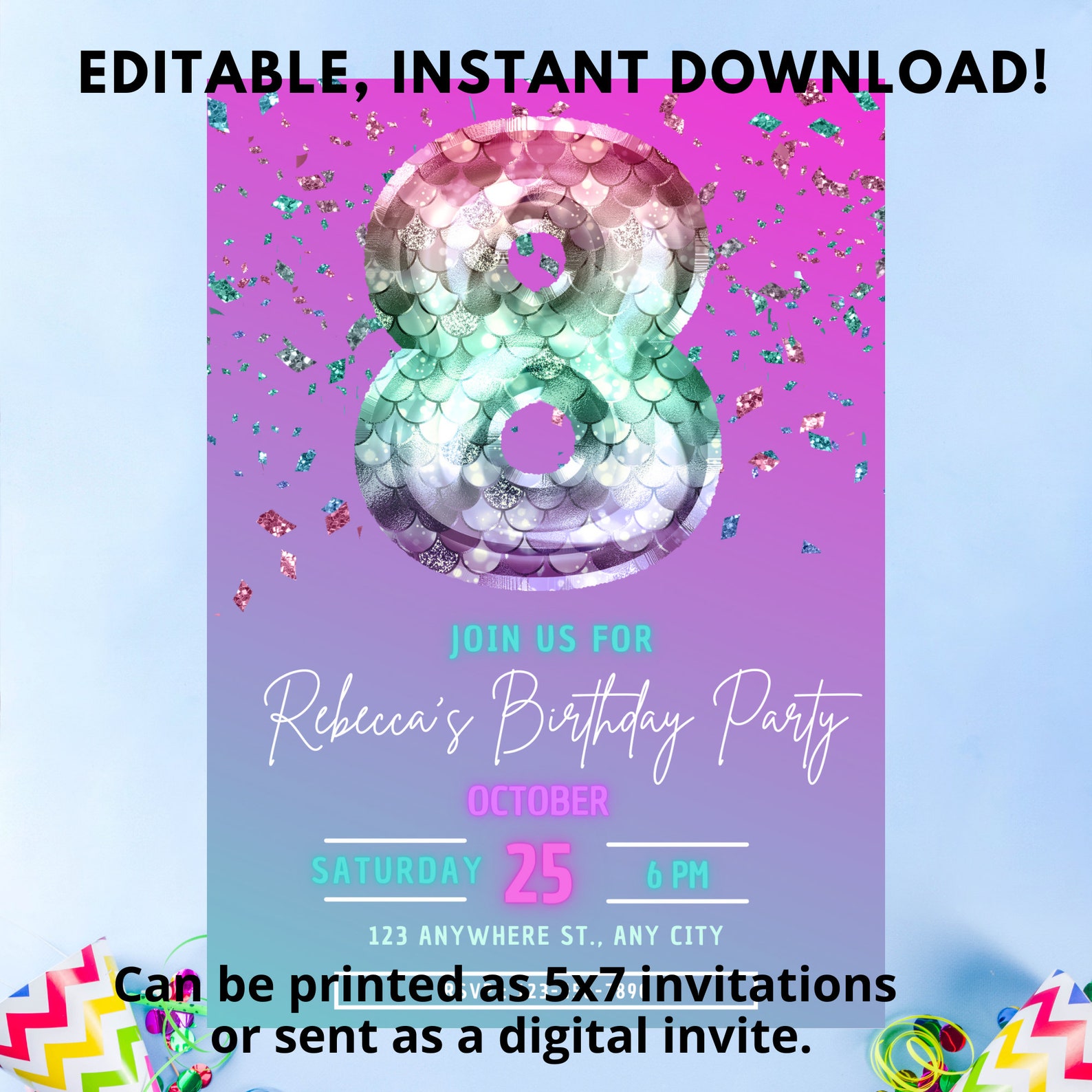 Mermaid 8th Birthday Party Invitation - Custom, Personalized Instant ...