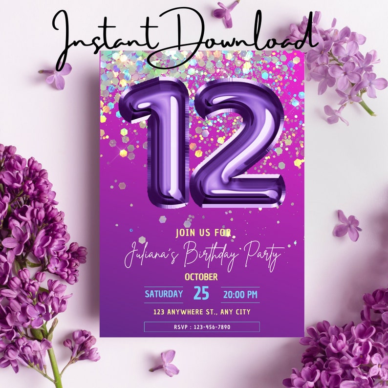 Purple 12th Birthday Party Invitation - Custom, Personalized Instant ...