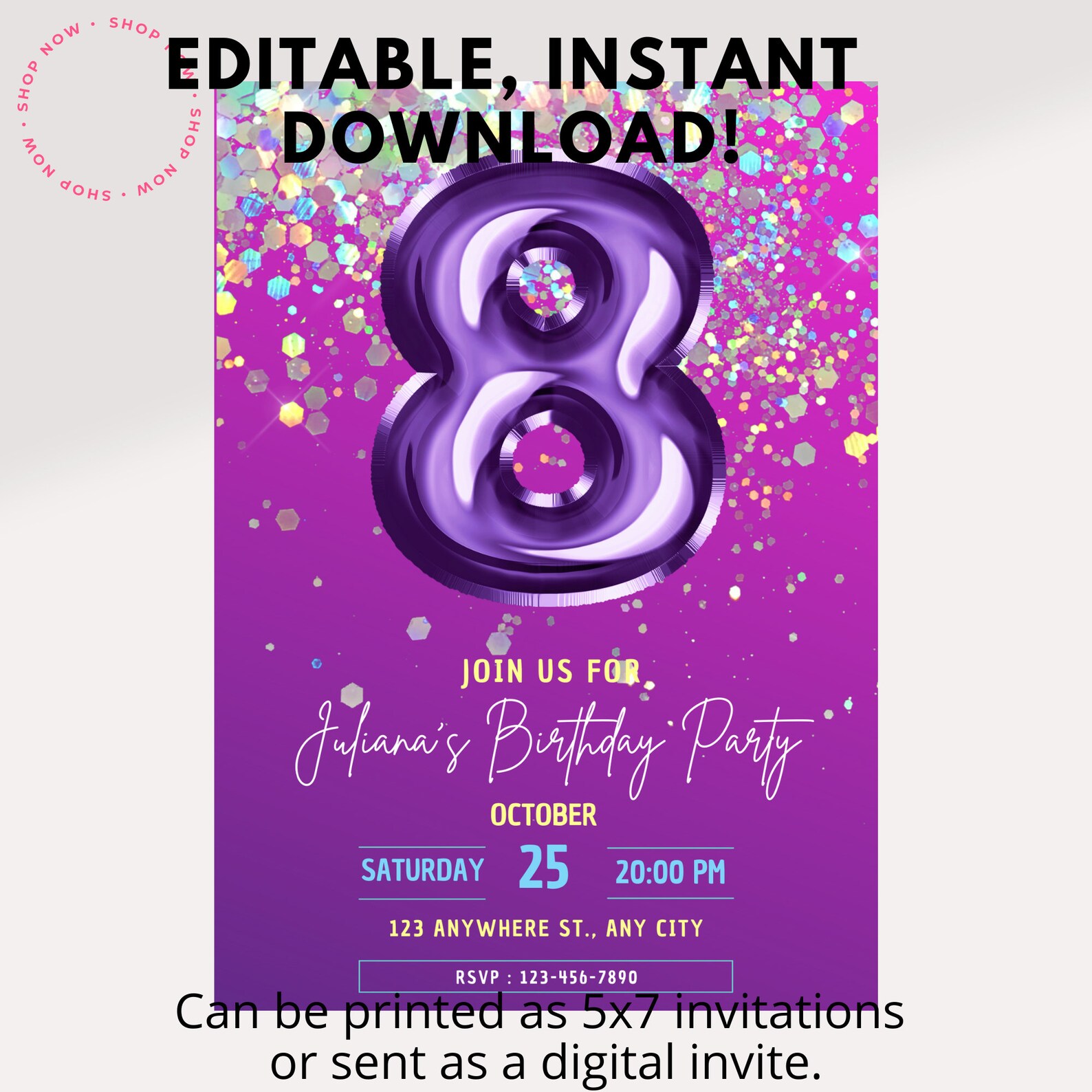 8th Birthday Party Invitation Custom, Personalized Instant Download ...