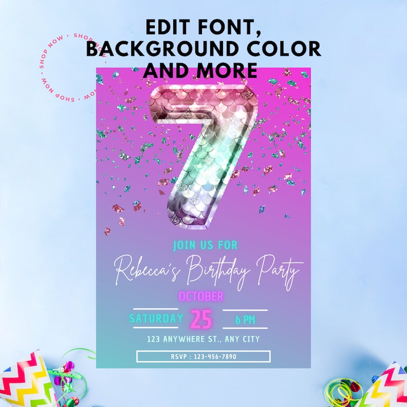 Mermaid 7th Birthday Party Invitation - Custom, Personalized Instant ...
