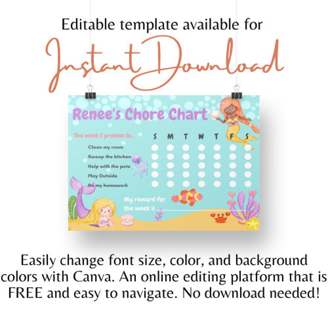 Mermaid Weekly Chore and Reward Chart - Editable, Printable, Instant ...