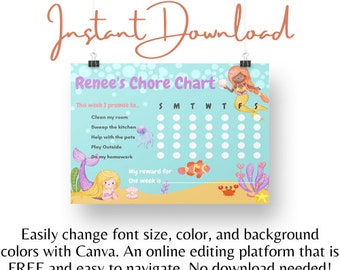 EDITABLE Mermaid Reward Chart, Chore Chart, Girls Reward Chart, Daily ...