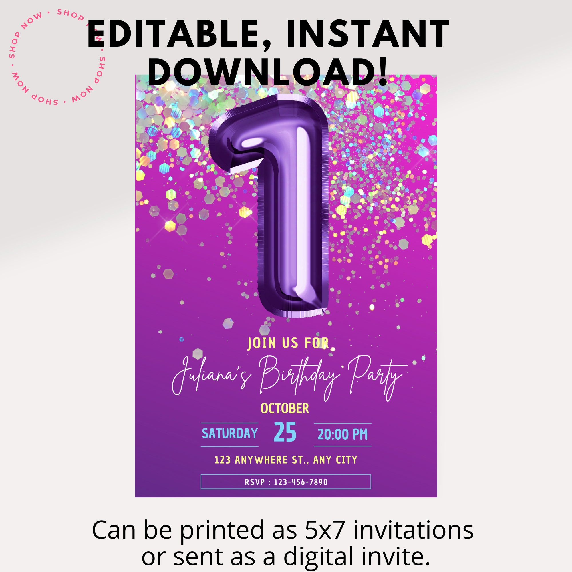 Purple 1st Birthday Party Invitation - Custom, Personalized Instant ...