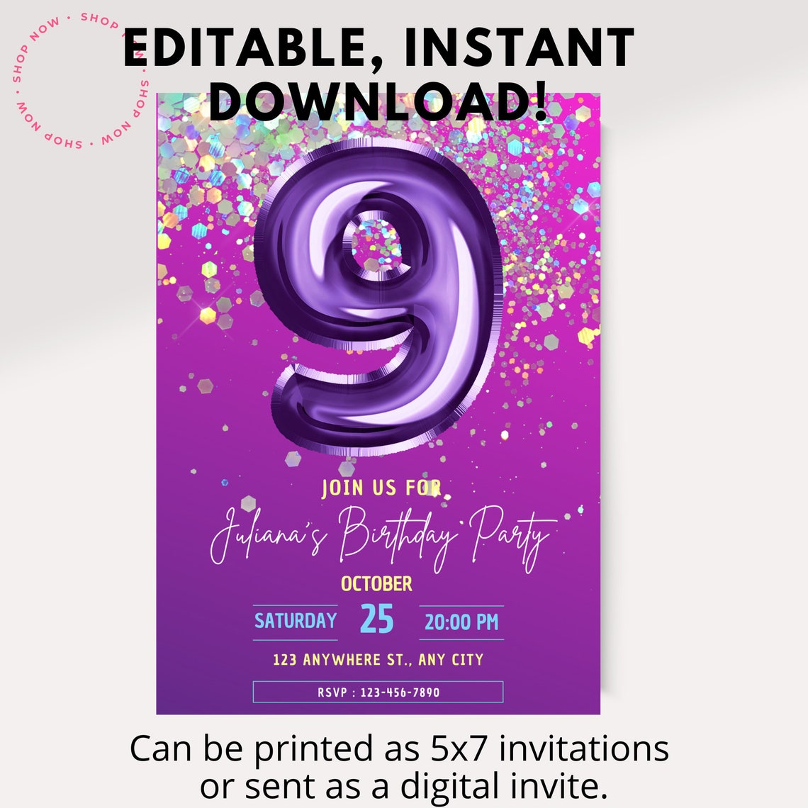 Purple 9th Birthday Party Invitation - Custom, Personalized Instant ...