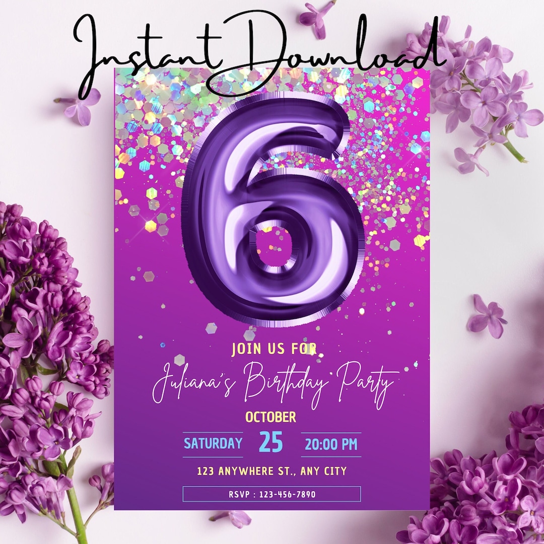 Purple 6th Birthday Party Invitation - Custom, Personalized Instant ...