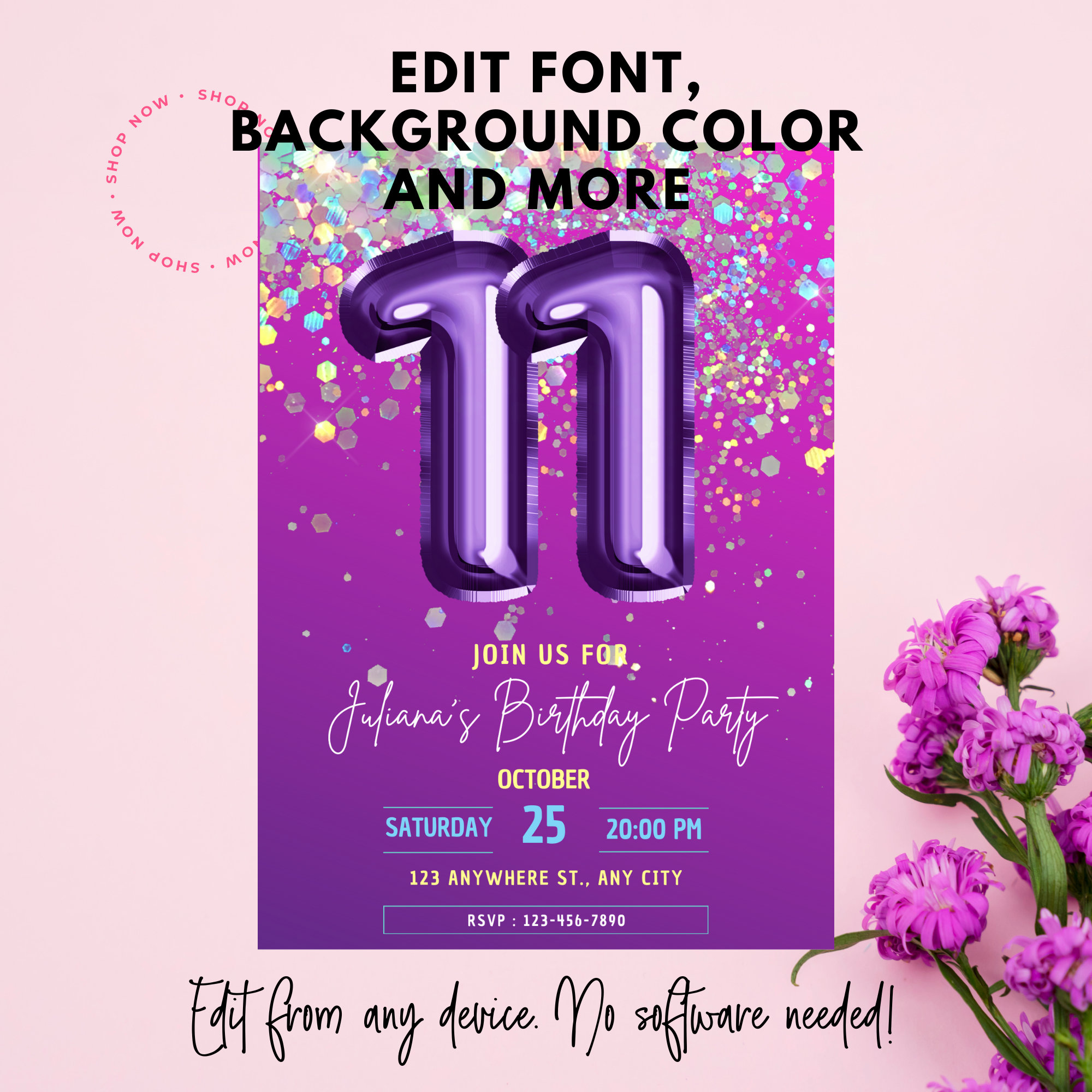 Purple 11th Birthday Party Invitation - Custom, Personalized Instant ...