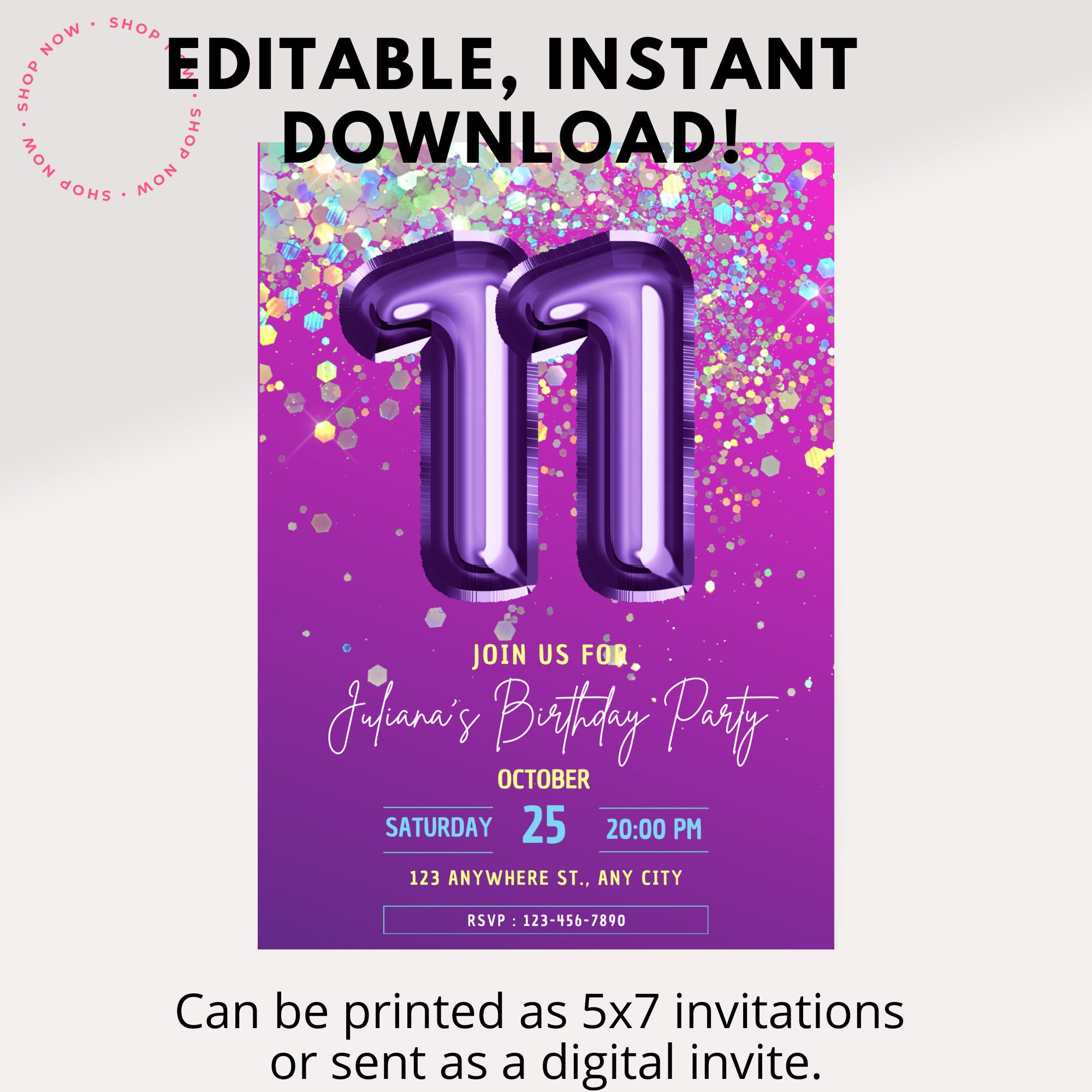 Purple 11th Birthday Party Invitation - Custom, Personalized Instant ...