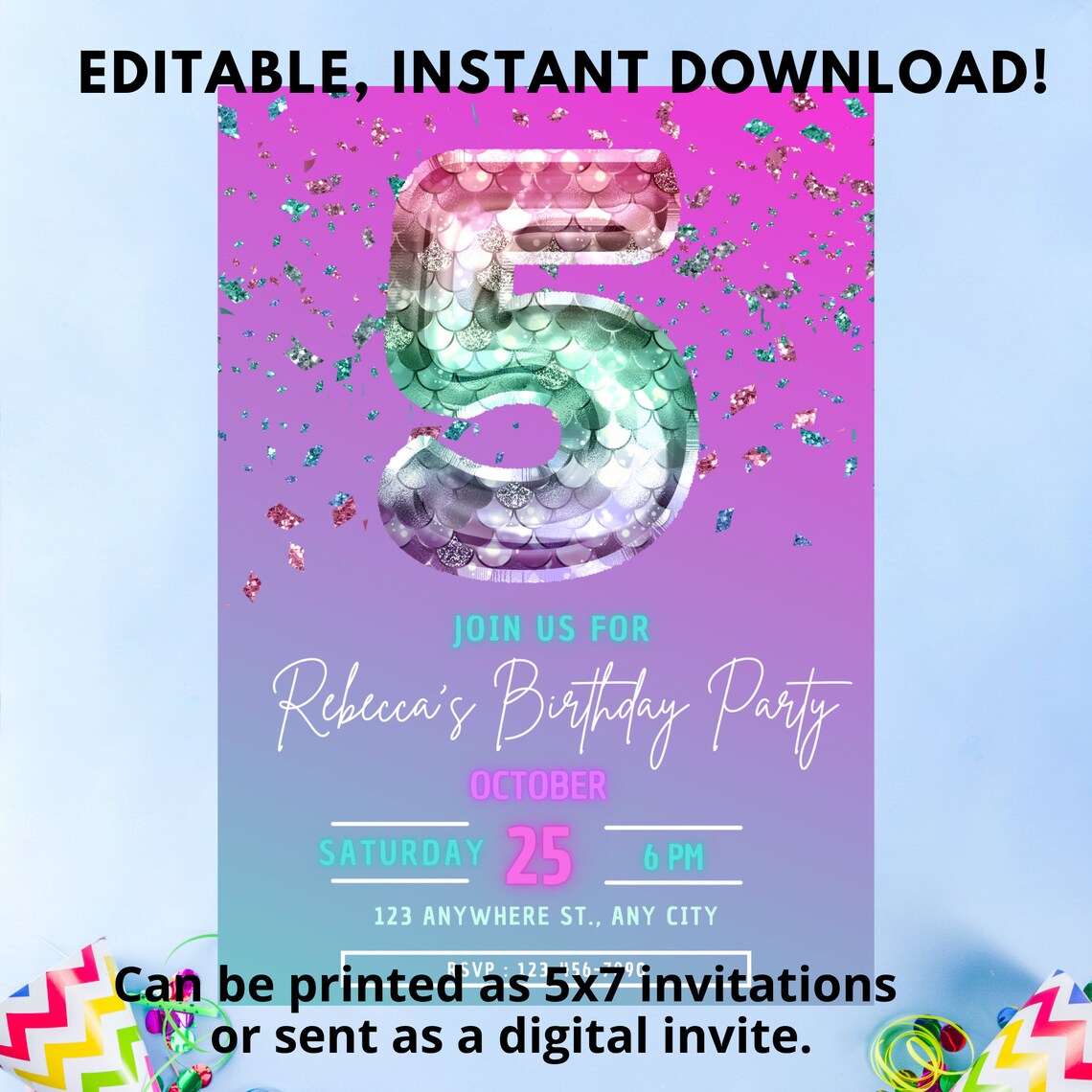 Mermaid 5th Birthday Party Invitation Custom, Personalized Instant ...