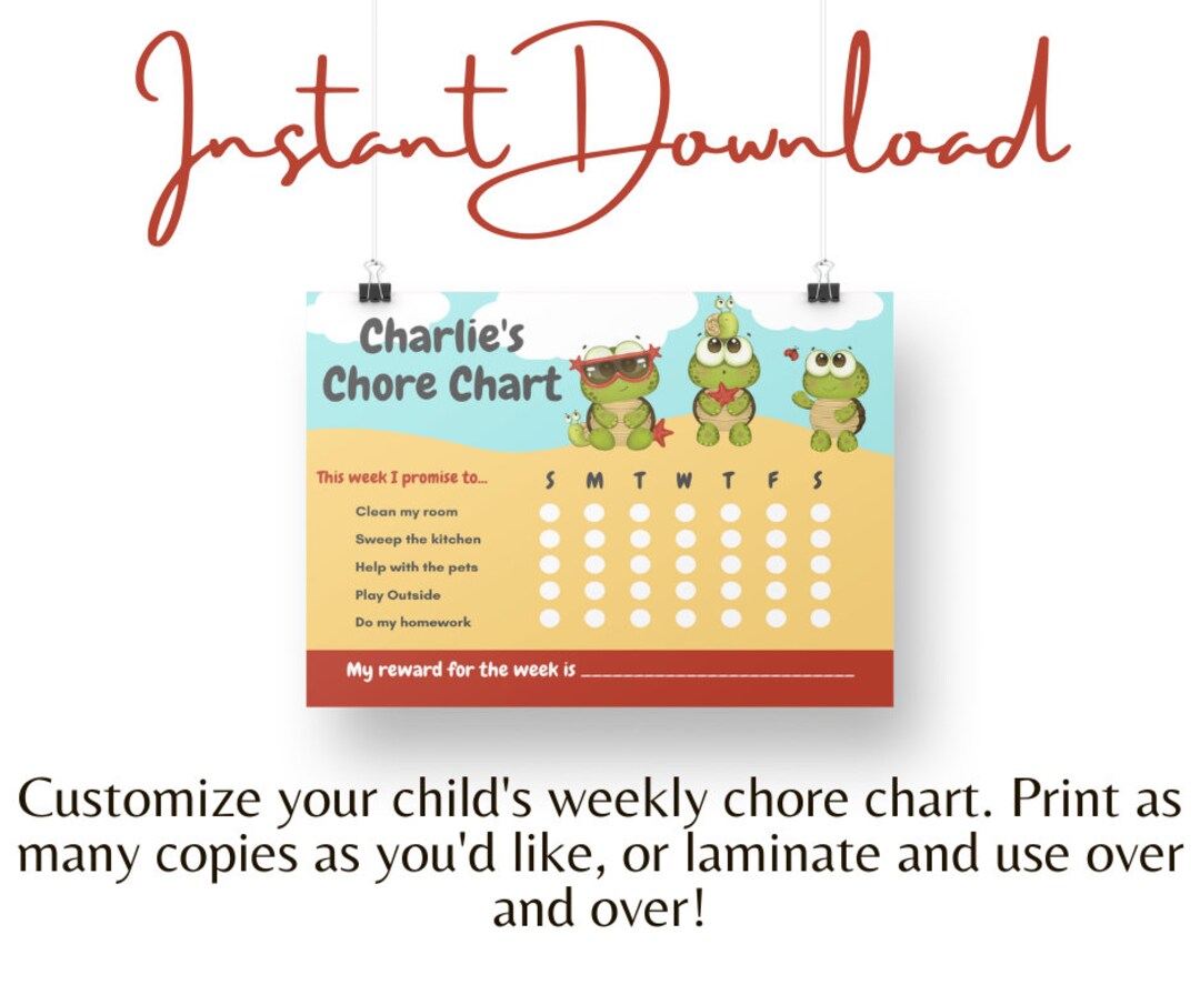 Turtle Weekly Chore and Reward Chart - Editable, Printable, Instant ...