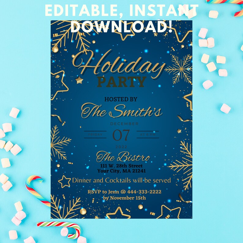 Blue and Gold Christmas Party Invitation, Christmas Party Invite ...