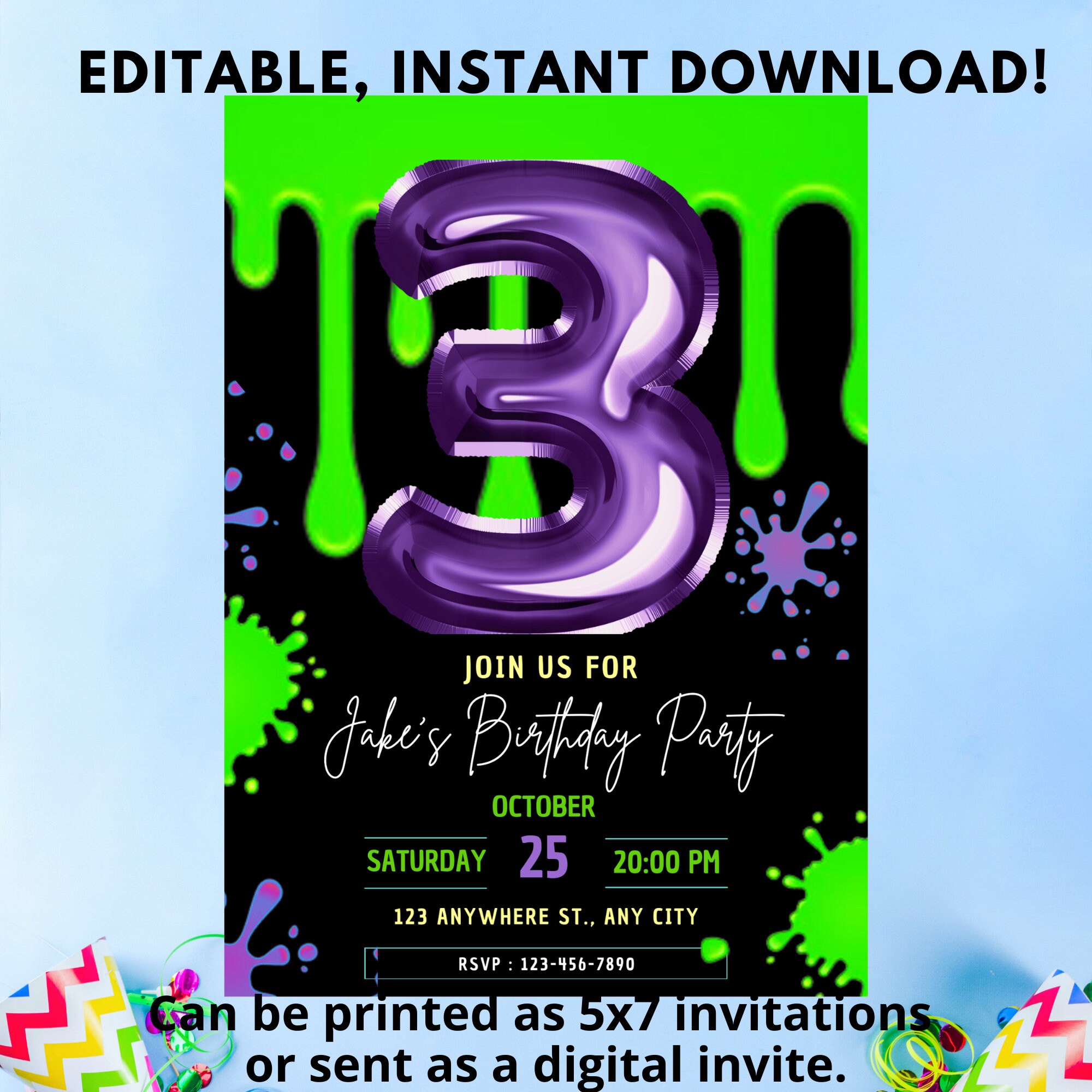 Slime 3rd Birthday Party Invitation - Custom, Personalized Instant ...
