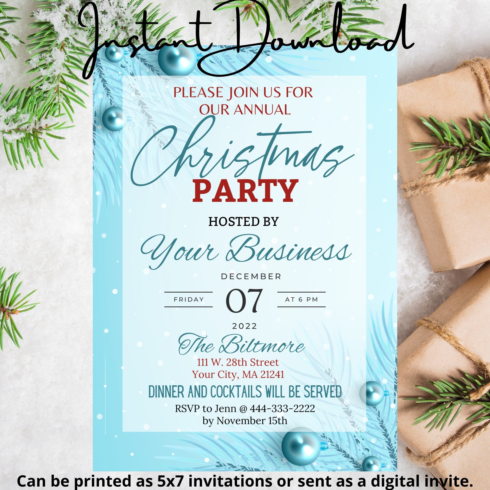 Blue Christmas Party Invitation, Christmas Party Invite, Printable ...
