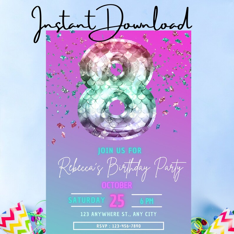 Mermaid 8th Birthday Party Invitation Custom Personalized - Etsy