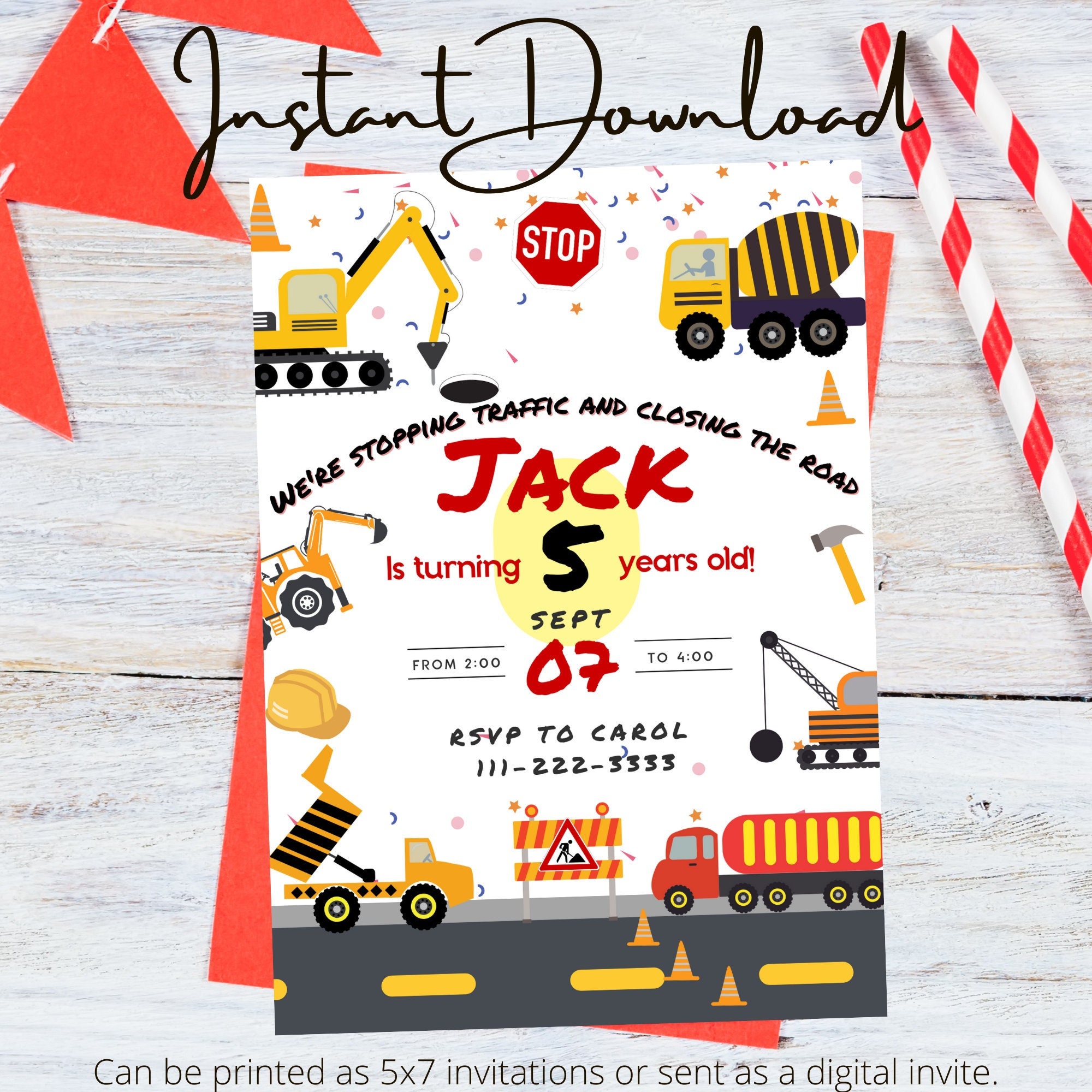 Construction Birthday Party Invitation - Editable, Custom, Personalized ...