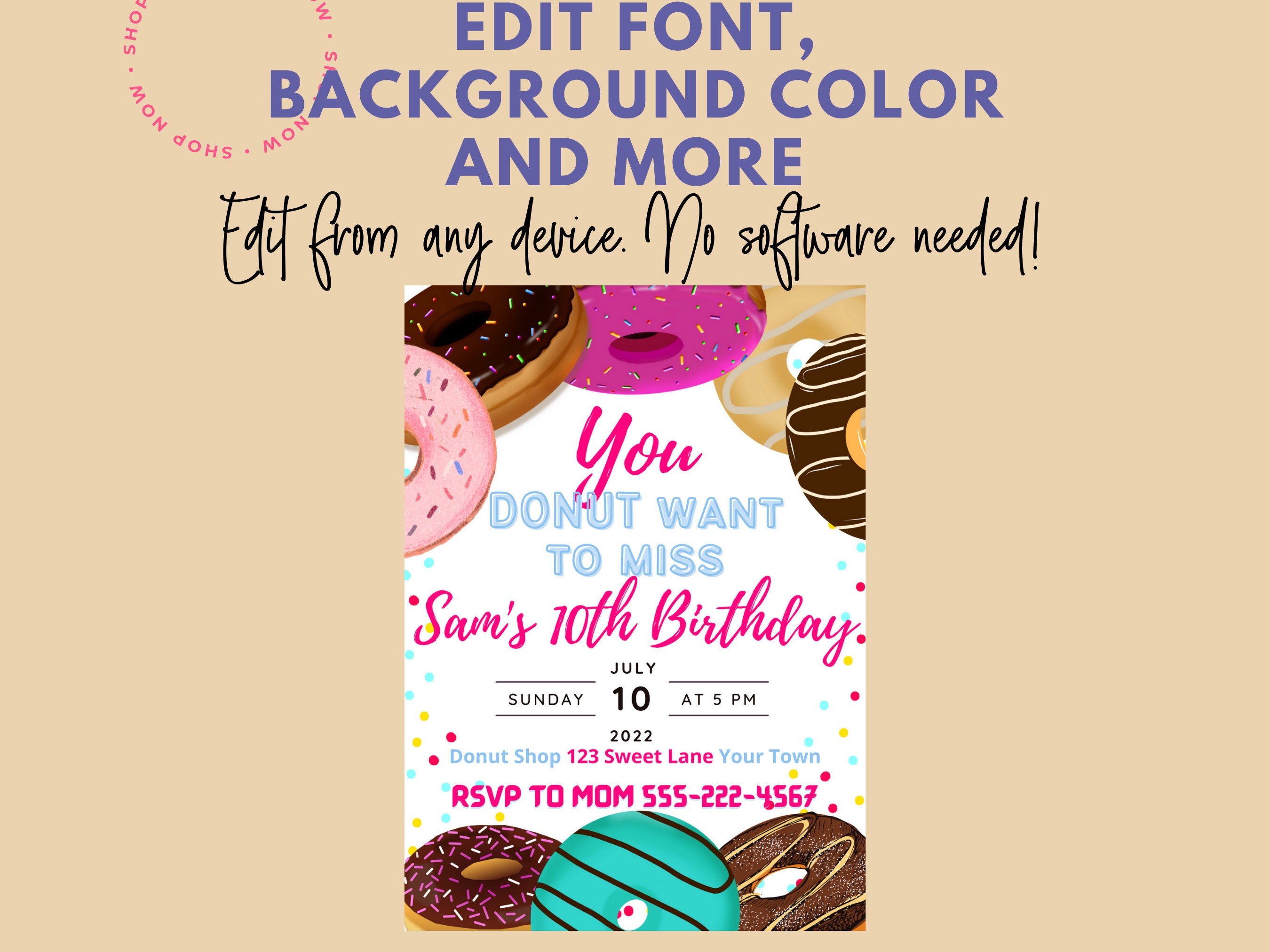 Donuts Party Invitation - Editable, Custom, Personalized Instant ...