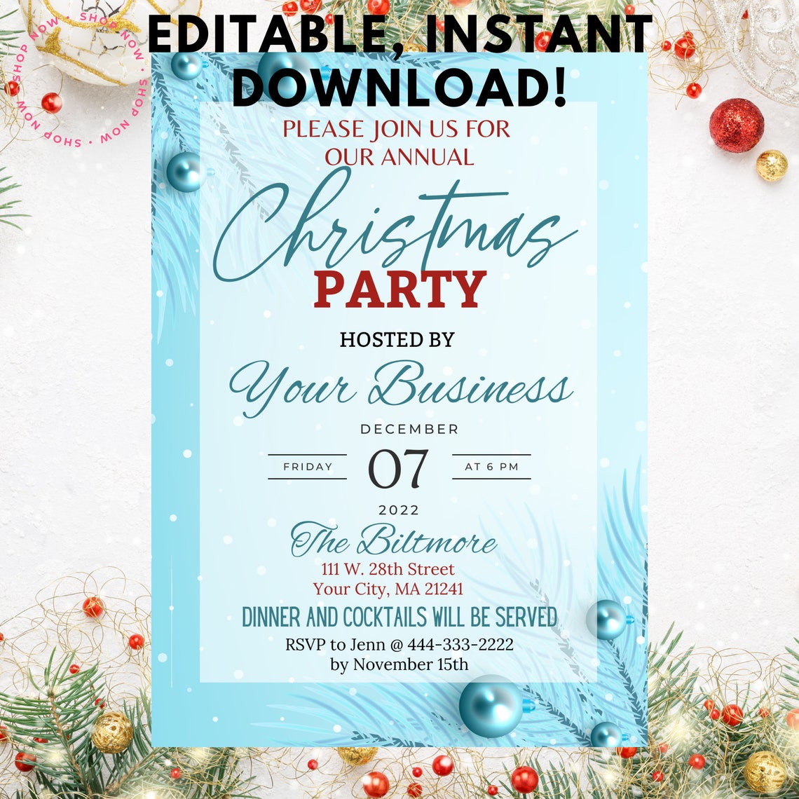 Blue Christmas Party Invitation, Christmas Party Invite, Printable ...