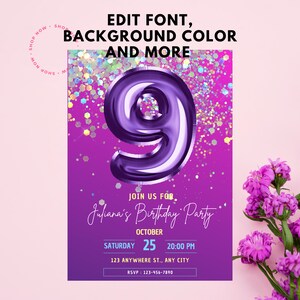 Purple 9th Birthday Party Invitation - Custom, Personalized Instant ...