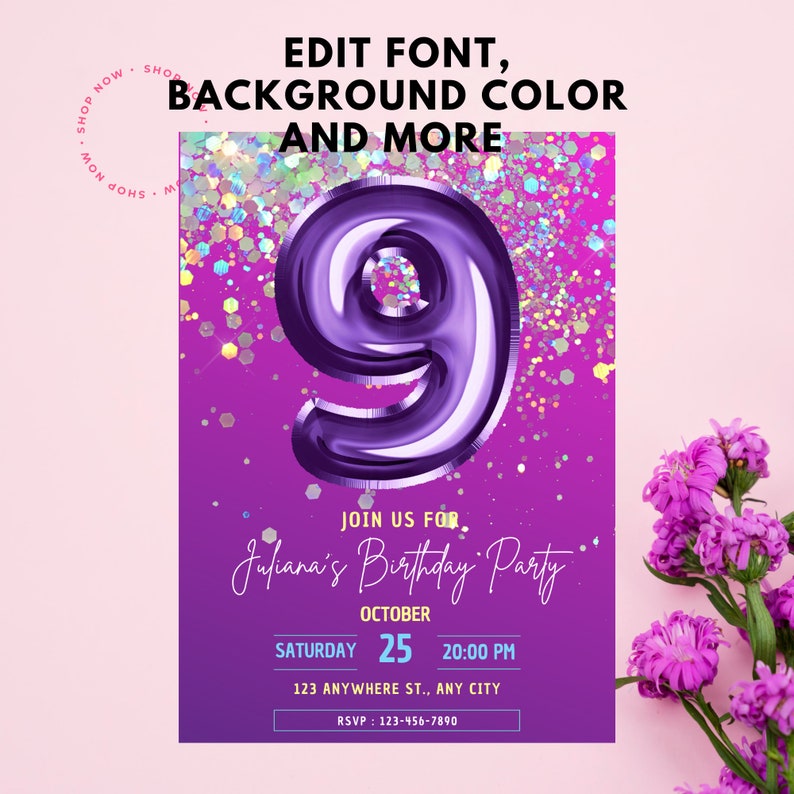 Purple 9th Birthday Party Invitation - Custom, Personalized Instant ...