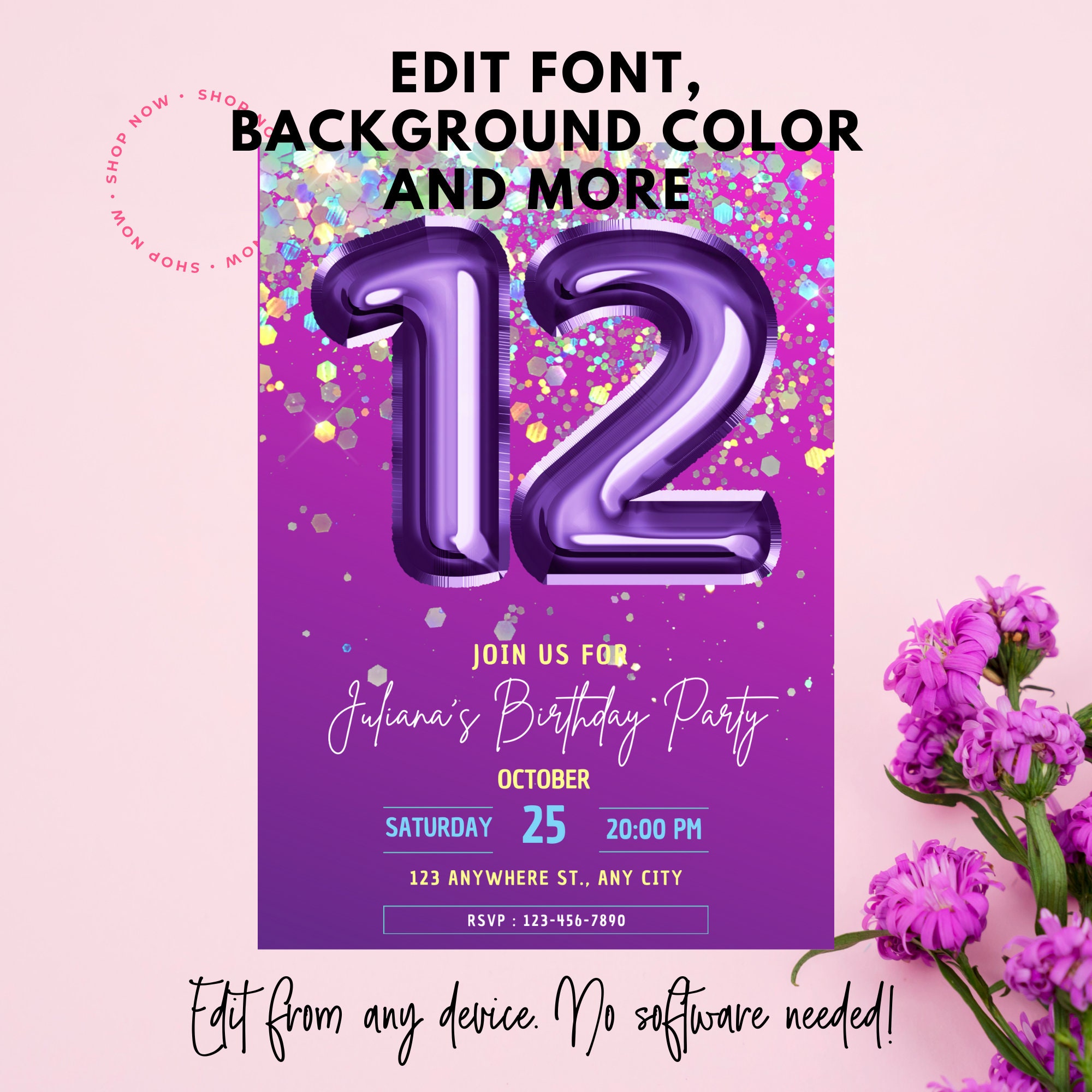 Purple 12th Birthday Party Invitation - Custom, Personalized Instant ...