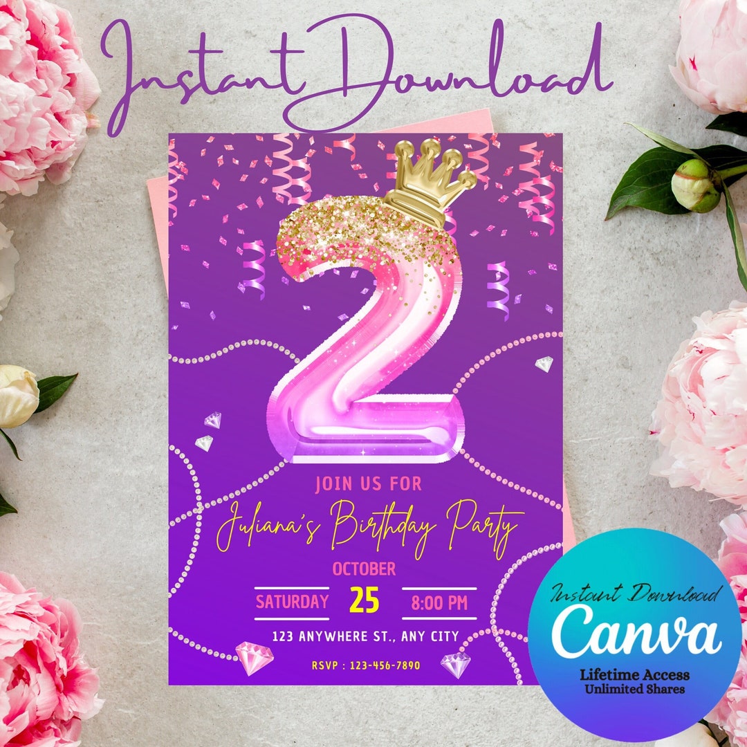Princess 2nd Birthday Invitation Template Editable Canva Pink Purple ...