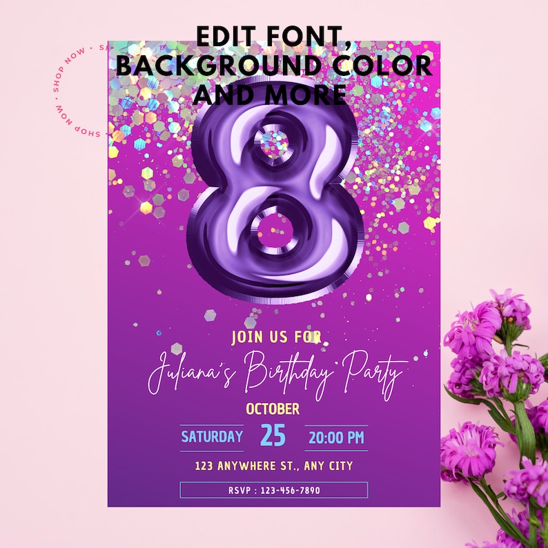 Purple 8th Birthday Party Invitation - Custom, Personalized Instant ...