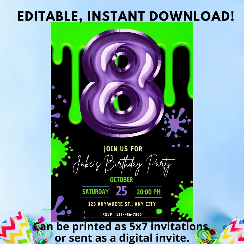Slime 8th Birthday Party Invitation - Custom, Personalized Instant ...