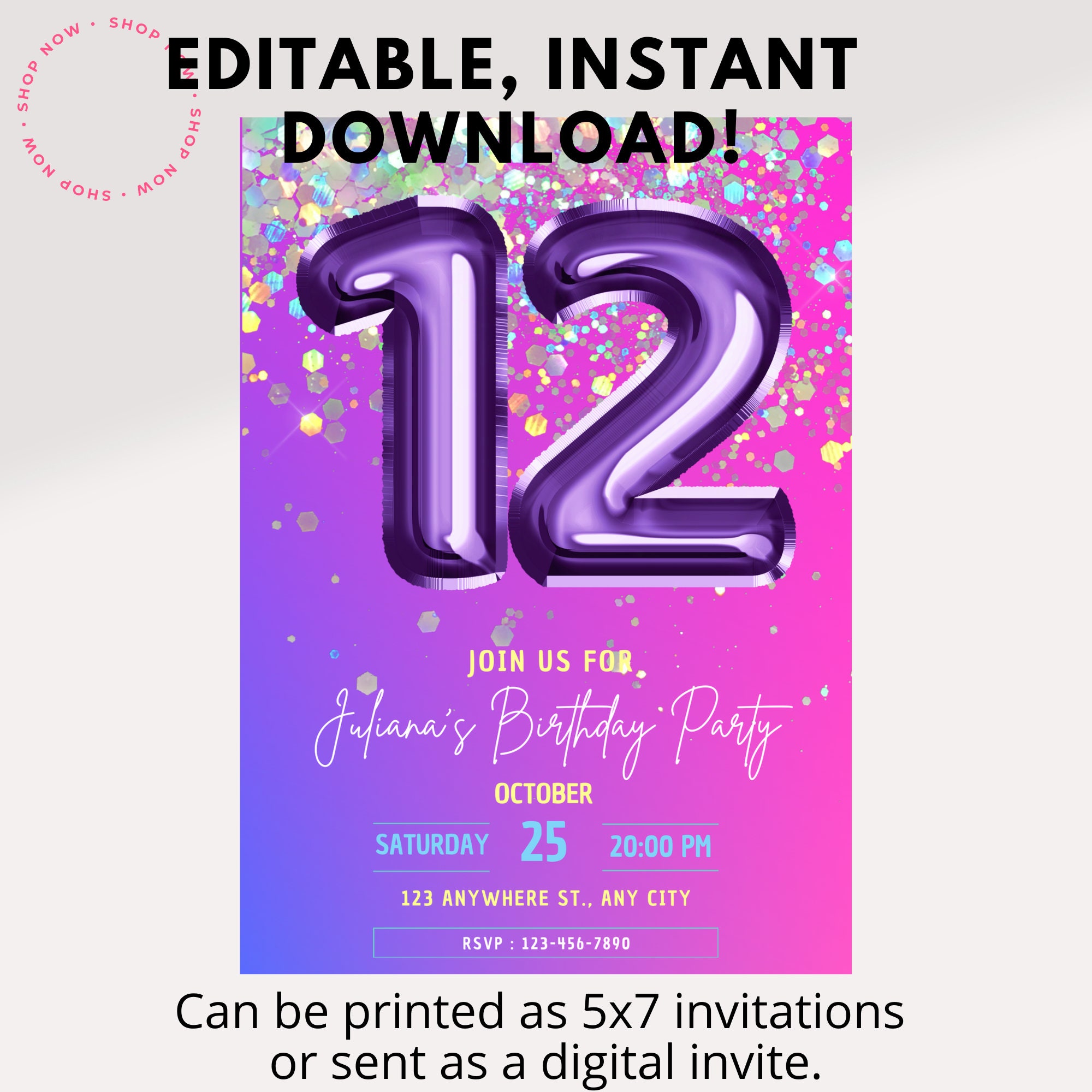 Pink and Purple 12th Birthday Party Invitation - Custom, Personalized ...