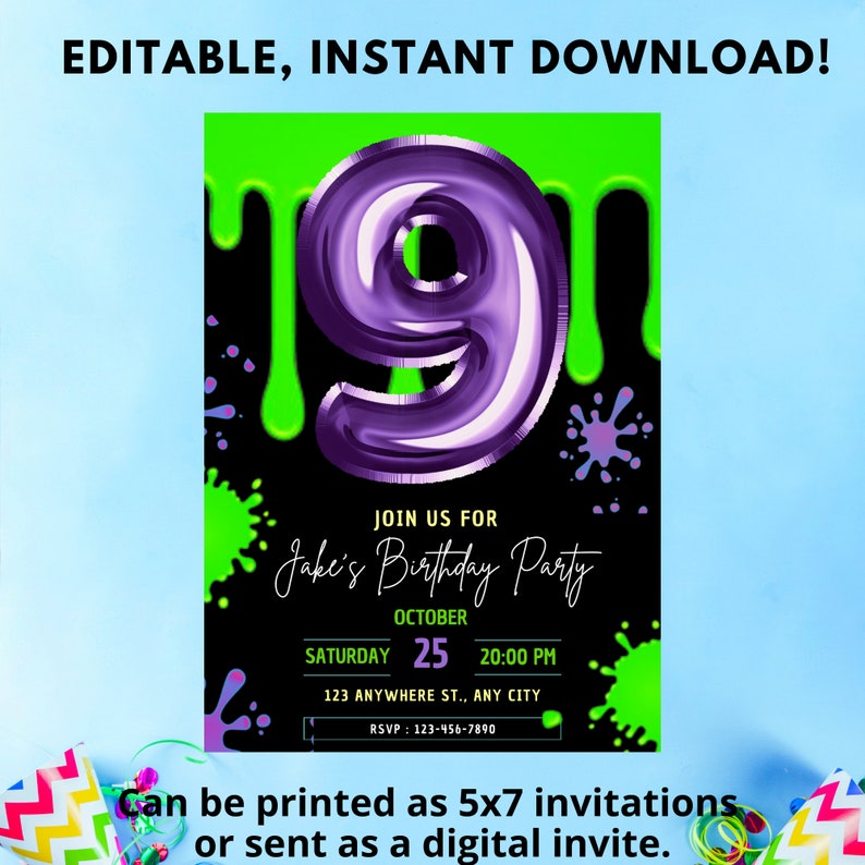 Slime 9th Birthday Party Invitation - Custom, Personalized Instant ...