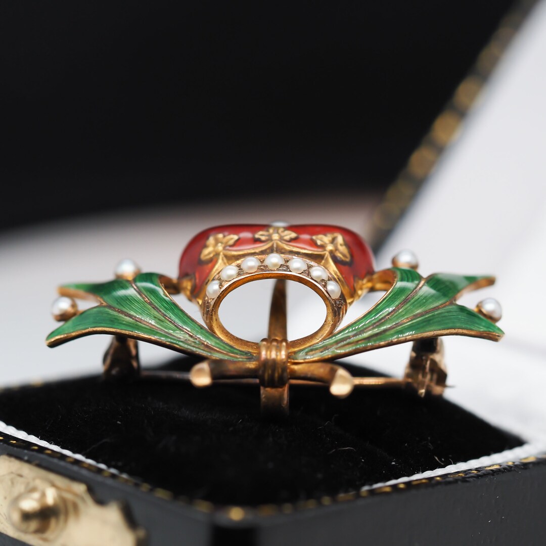 14K Yellow Gold Victorian Royal Kings Crown Enamel and Pearl Pin Brooch ...