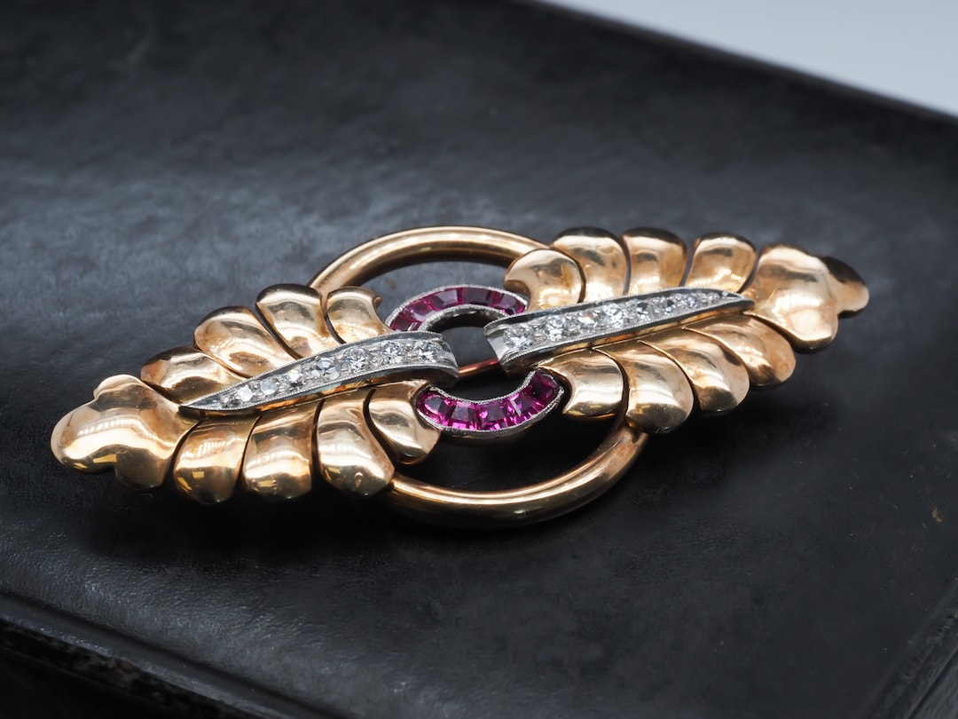 18K Yellow Gold Edwardian Ruby & Diamond Brooch- VHK# 355 - Etsy