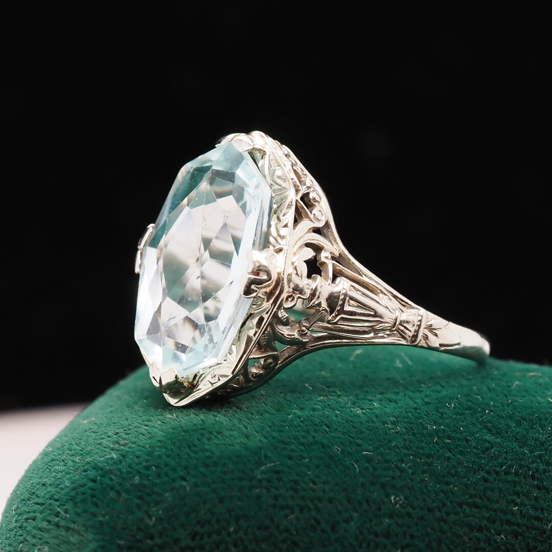 Art Deco 18K White Gold Aquamarine and Filigree Ring - VHK#580 - Etsy