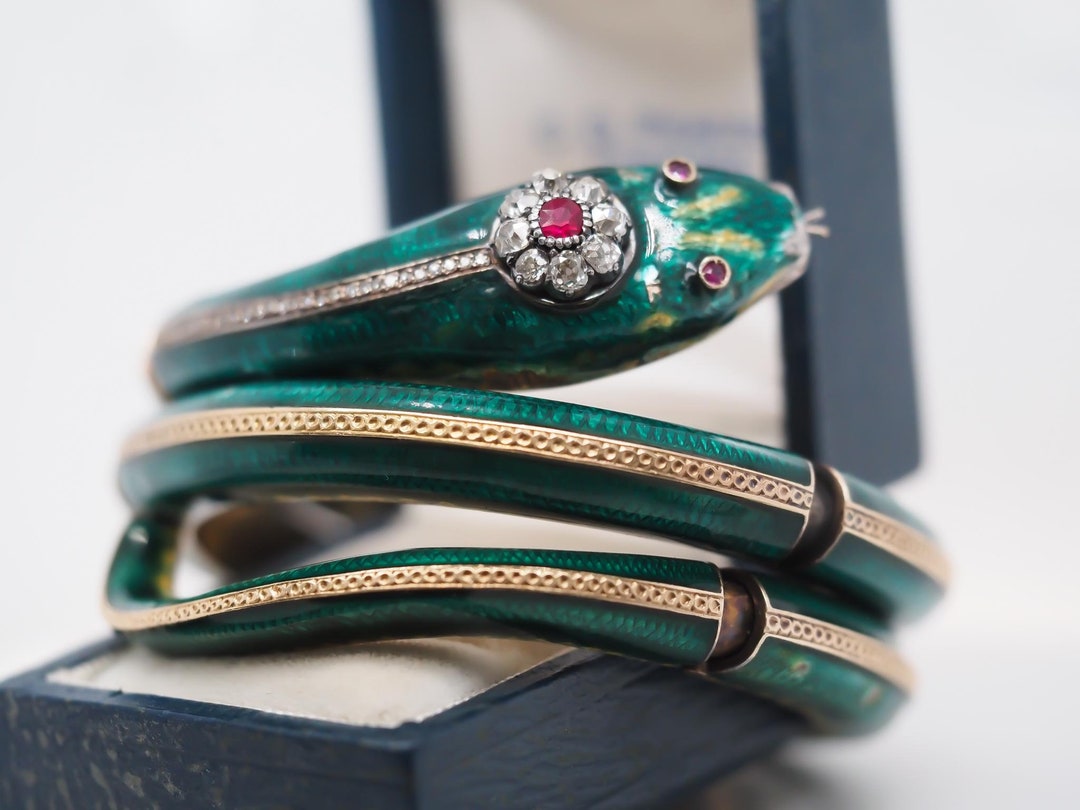 Vintage Snake Bangle With Ruby Eyes and Old Mine Diamond Head - - Etsy