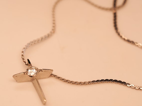 14K White Gold Slanted Cross Diamond Pendant and Chain - Gem