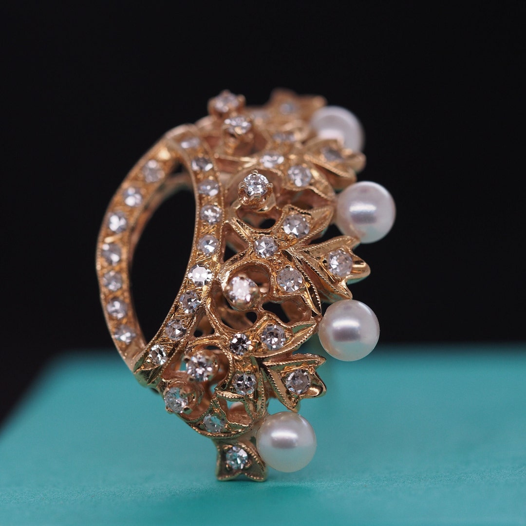1950s 18k Yellow Gold Crown Diamond and Pearl Brooch- VHK#216 - Etsy