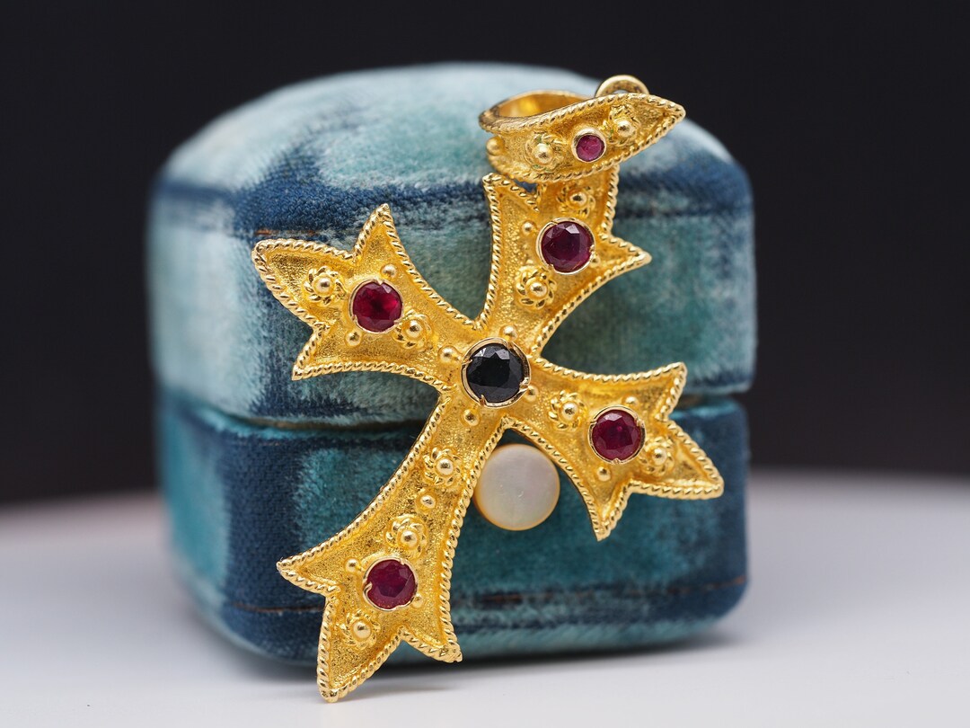 Vintage 18K Yellow Gold Cross Pendant With Sapphires and Ruby- VHK#179 ...