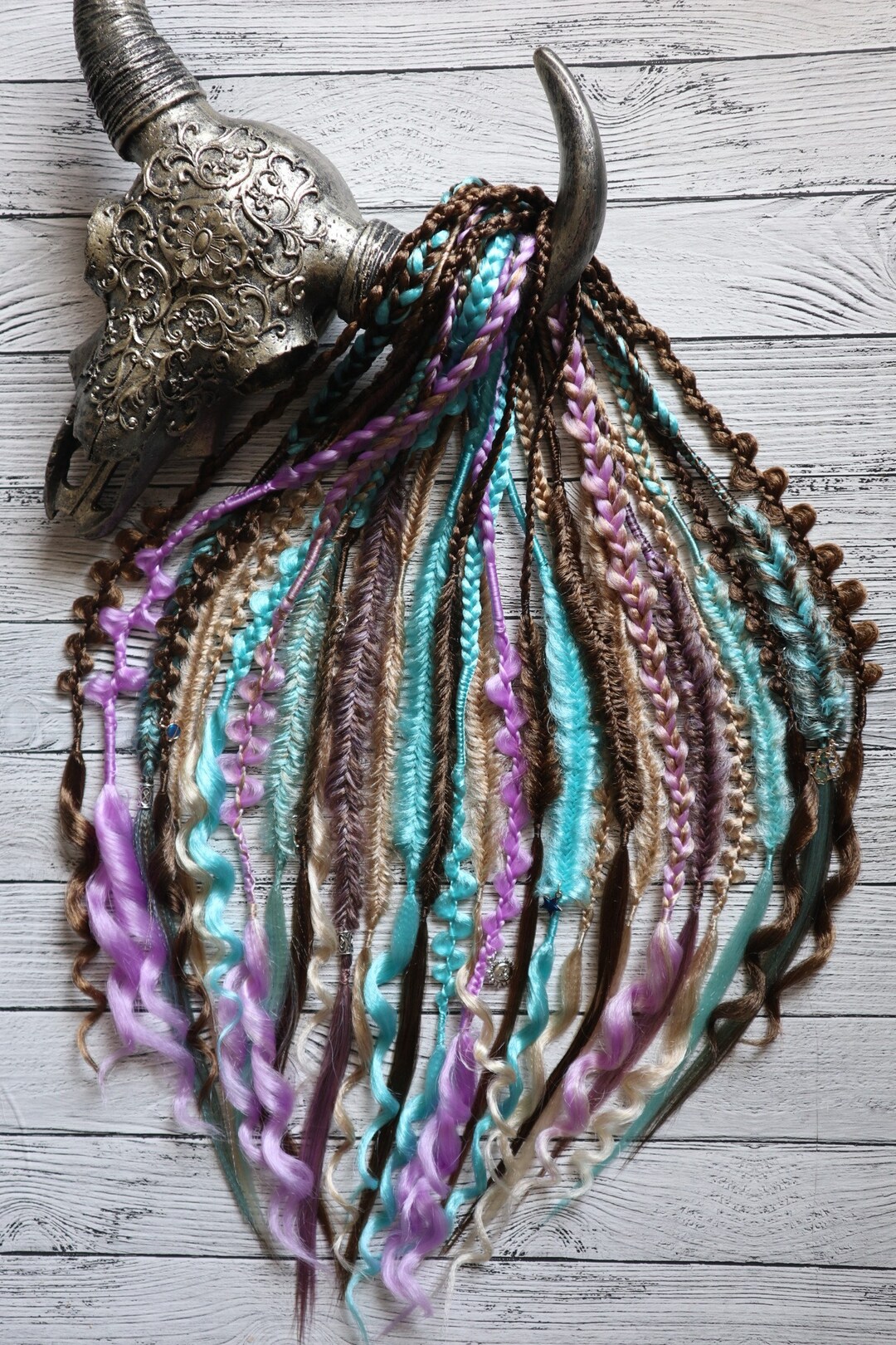 Viking Fishtail Braids Curly Dread Extension, Pastel Synthetic Hair ...