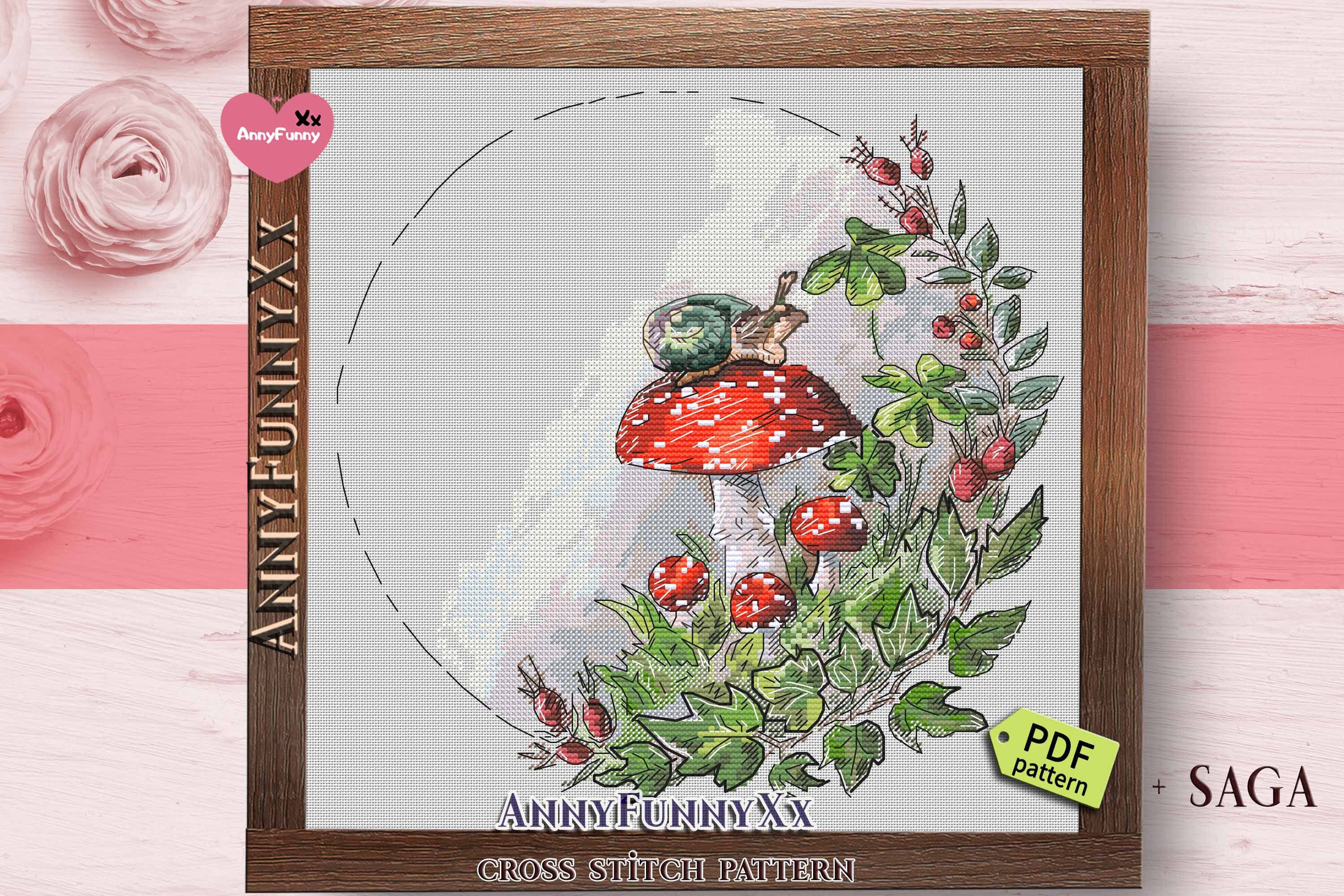 Amanita Mushroom Cross Stitch Pattern Snail and Dog-rose Cozy Woodland ...