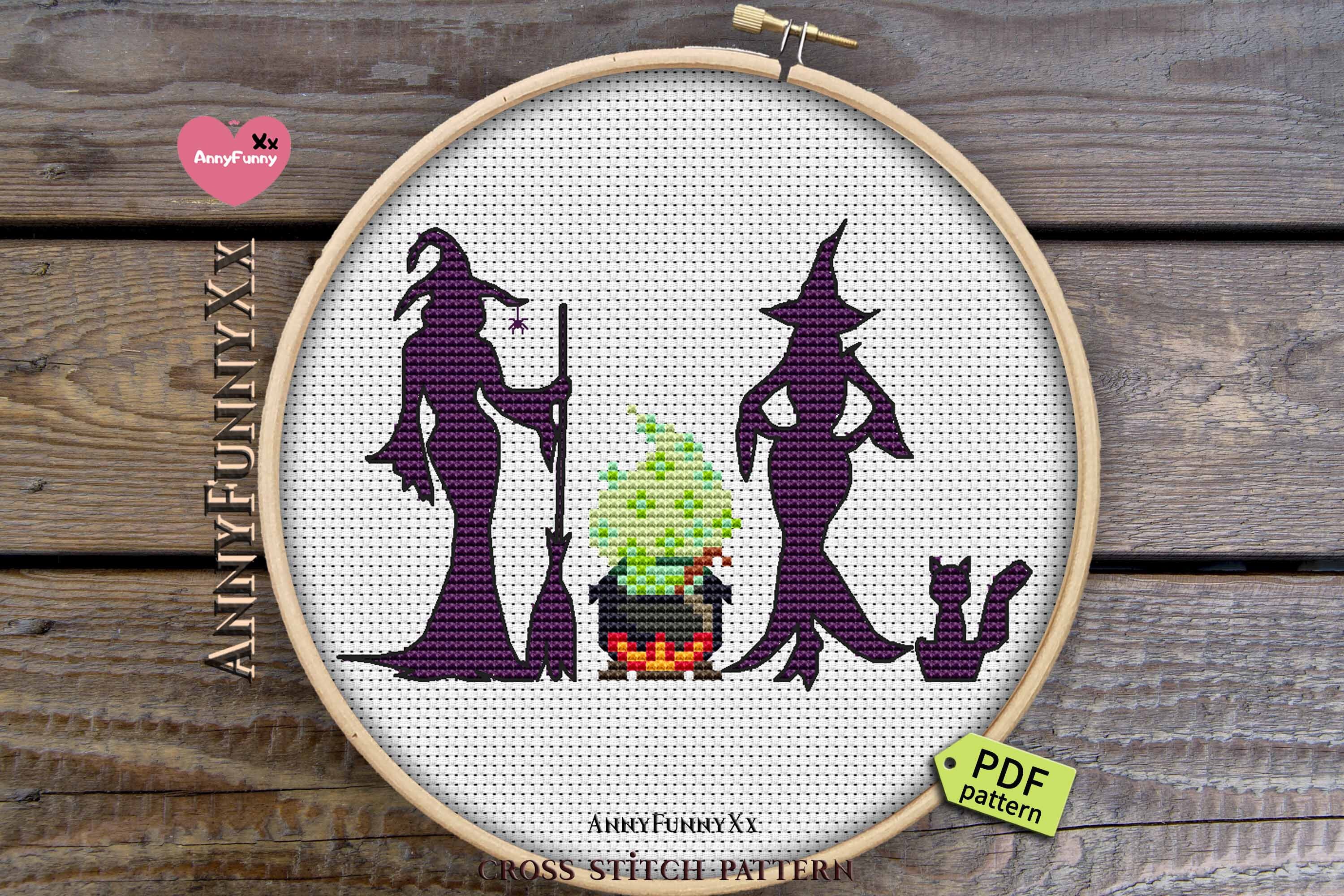 Witch With Cat Halloween Cross Stitch Pattern PDF, Witches Embroidery ...