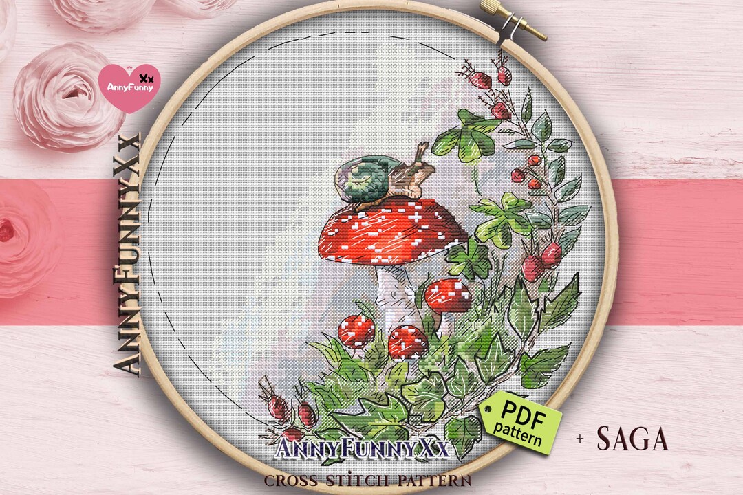 Amanita Mushroom Cross Stitch Pattern Snail and Dog-rose Cozy Woodland ...