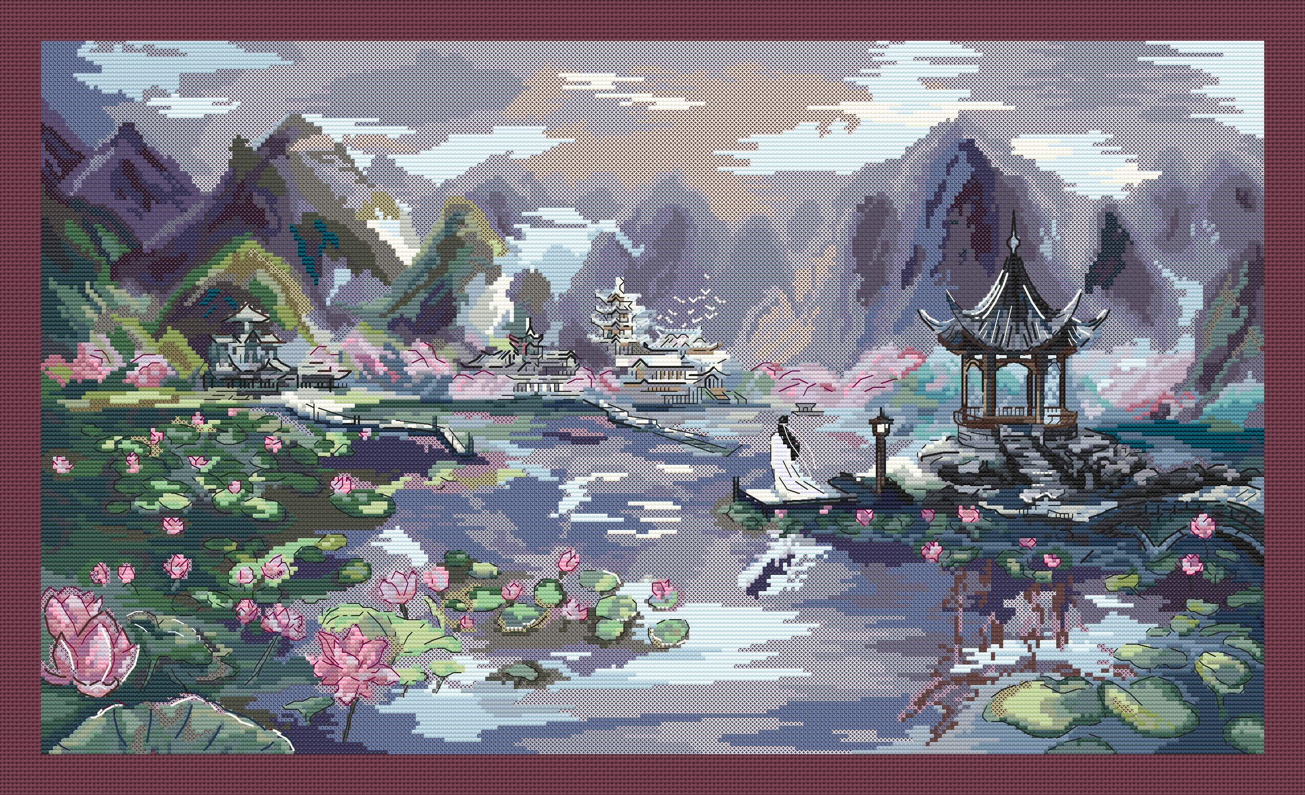 Lotus Pier Cross Stitch Pattern Chinese Art Watercolor China - Etsy