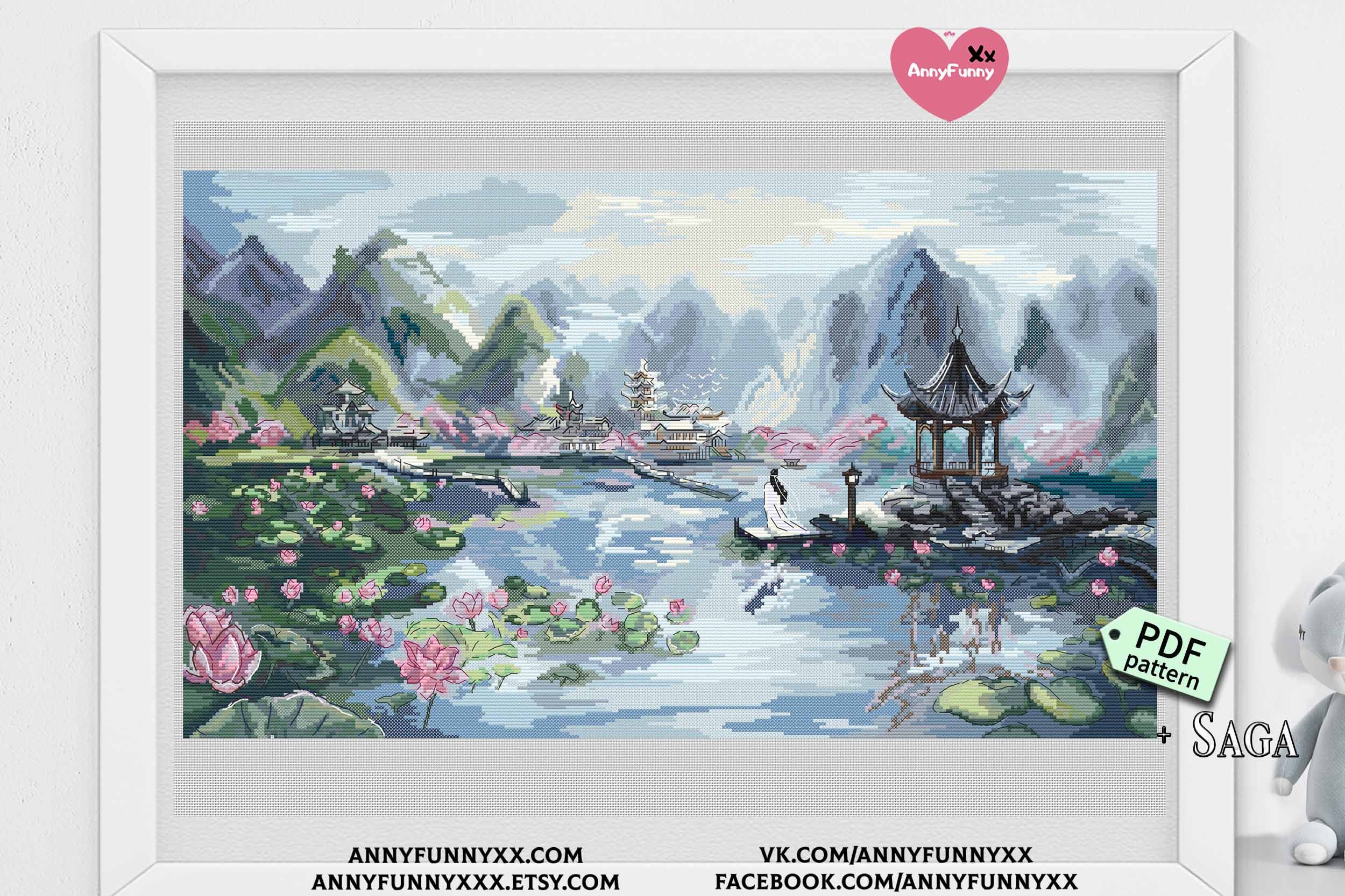 Lotus Pier Cross Stitch Pattern Chinese Art Watercolor China - Etsy