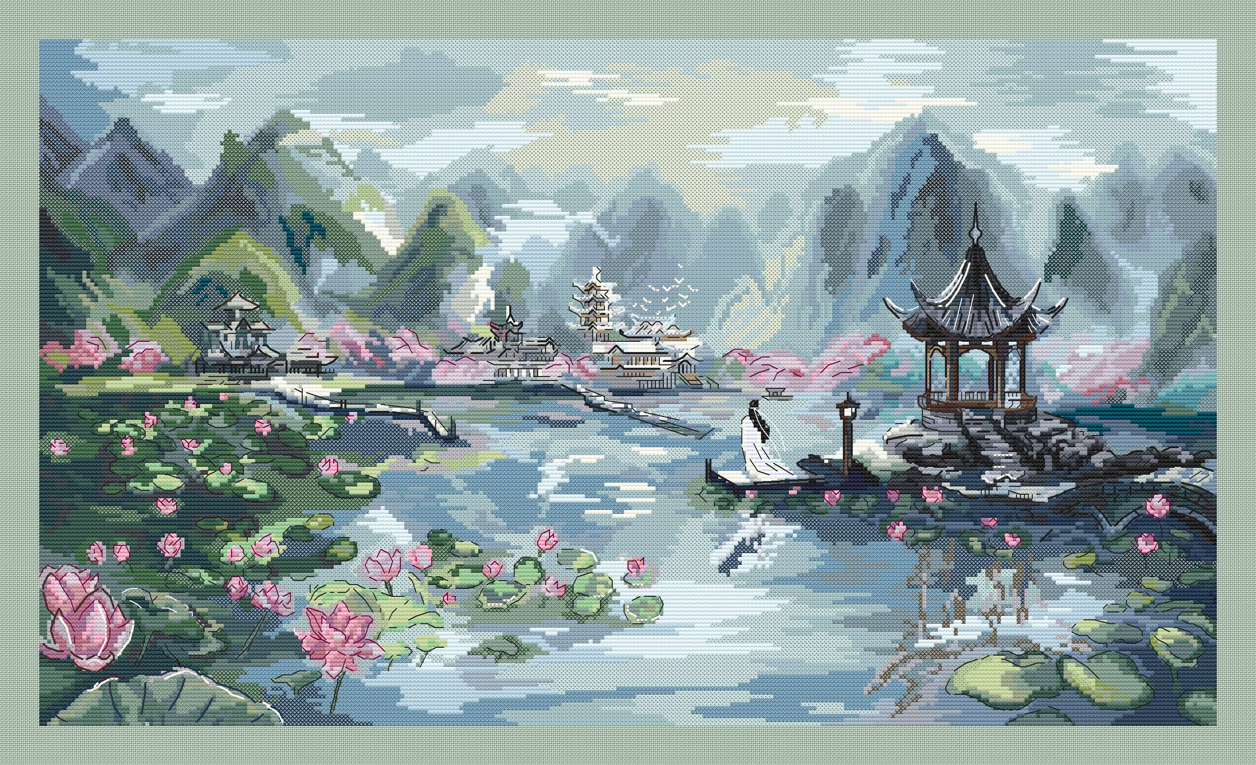 Lotus Pier Cross Stitch Pattern Chinese Art Watercolor China - Etsy