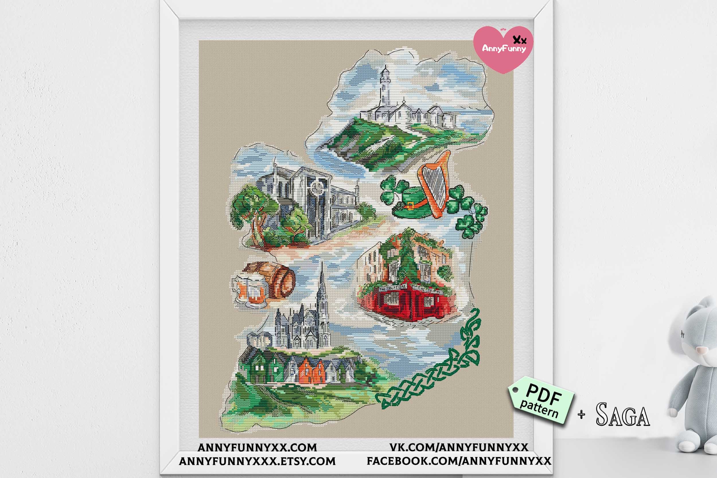 Ireland Map With Symbols Cross Stitch Pattern County Irish Travel Saint ...