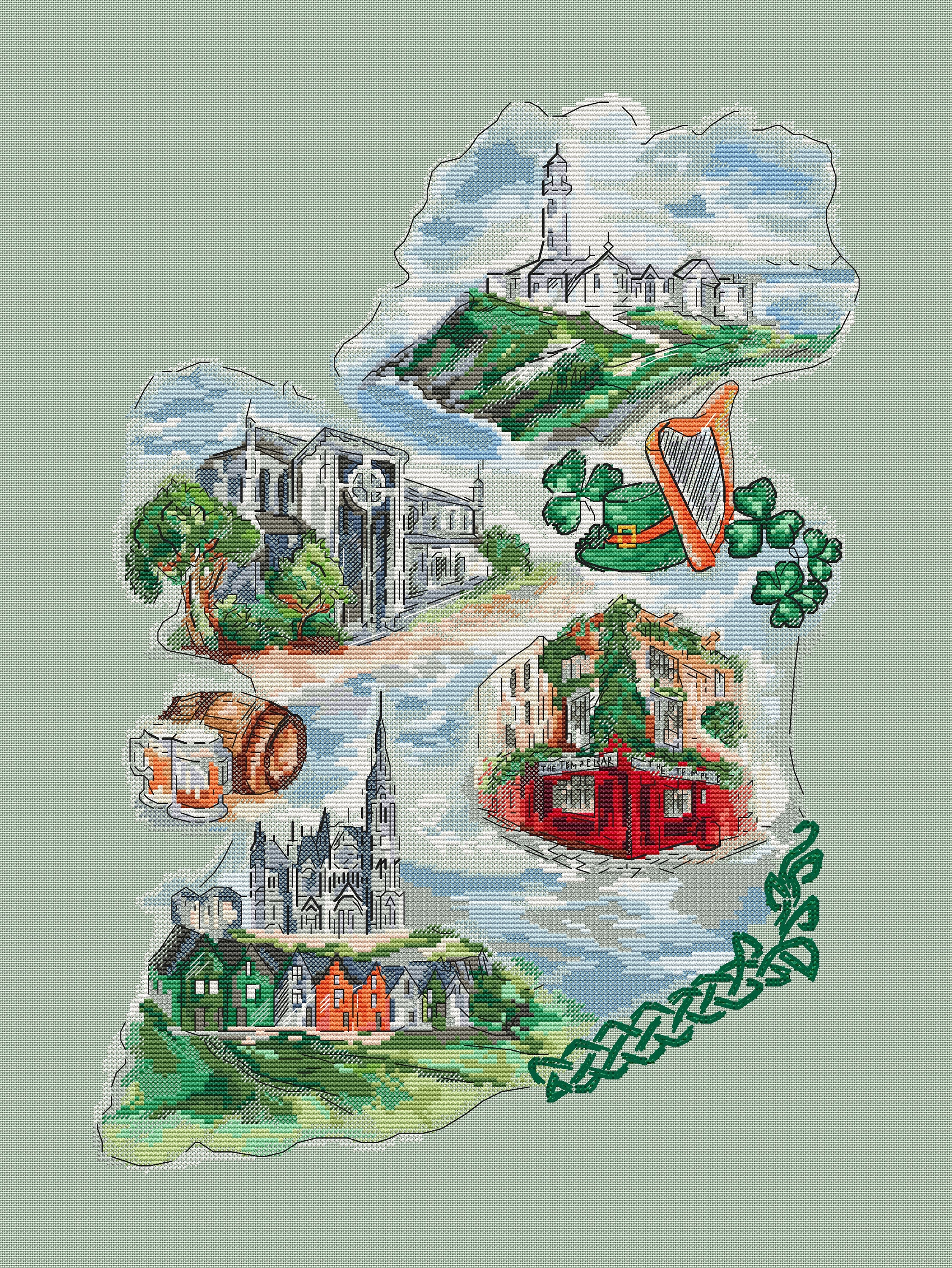 Ireland Map With Symbols Cross Stitch Pattern County Irish Travel Saint ...