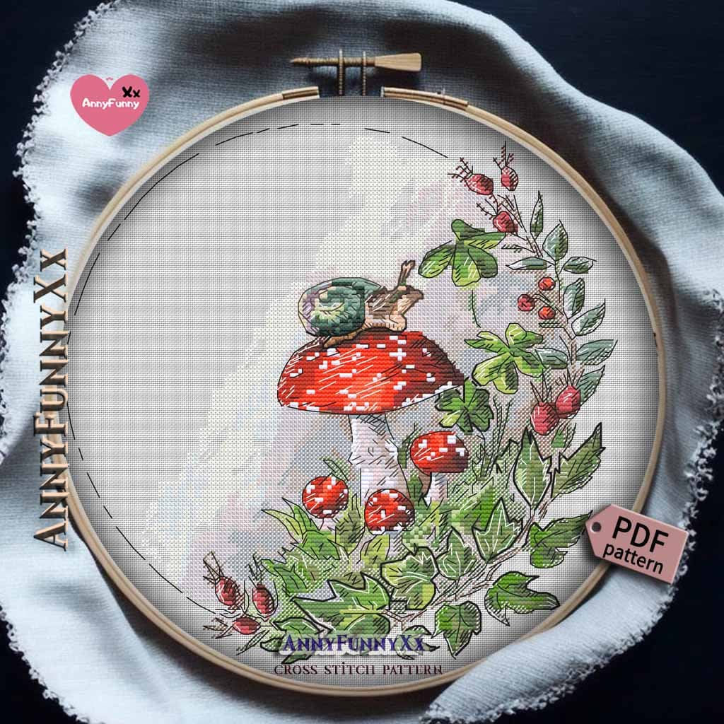 Amanita Mushroom Cross Stitch Pattern Snail and Dog-rose Cozy Woodland ...