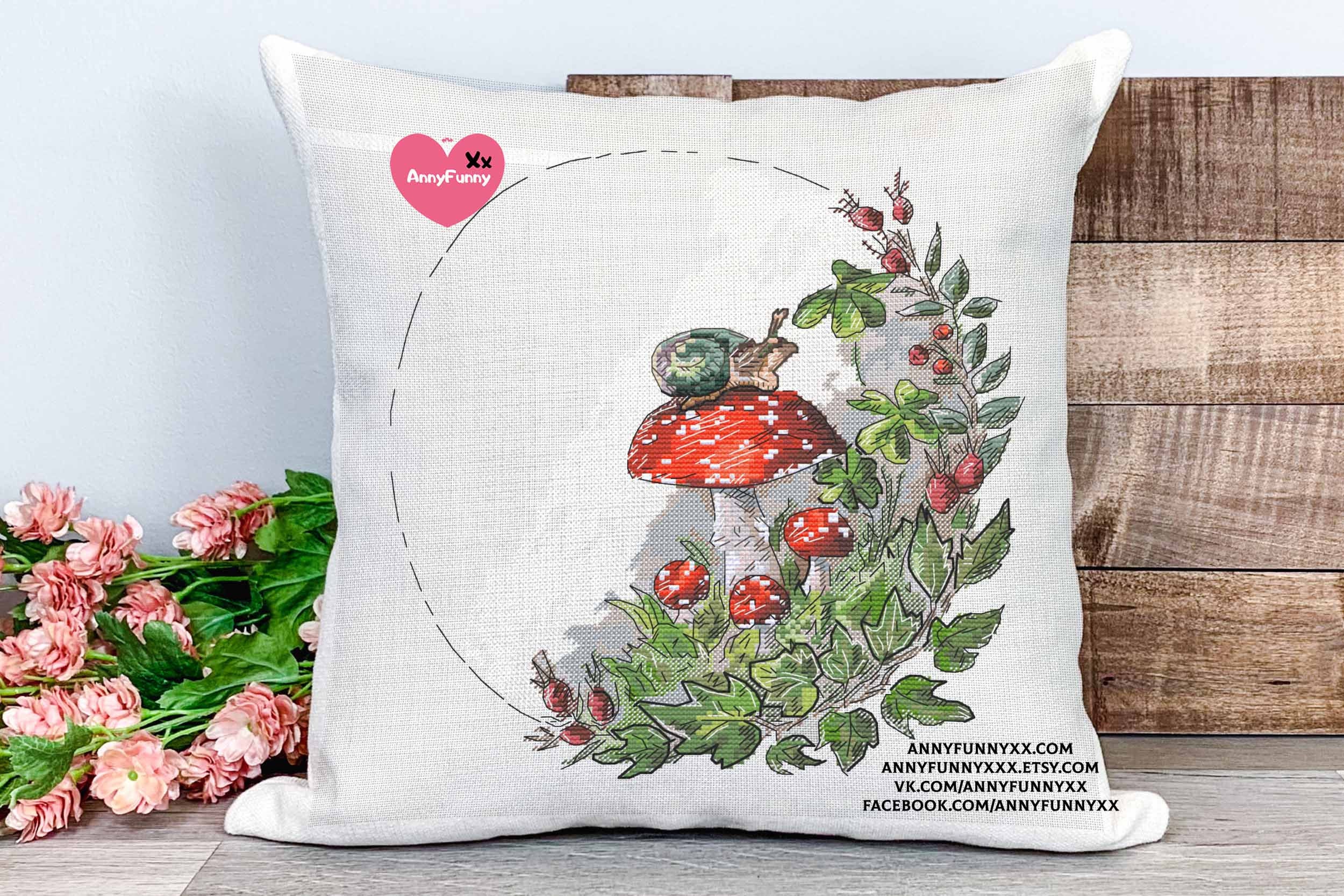 Amanita Mushroom Cross Stitch Pattern Snail and Dog-rose Cozy Woodland ...