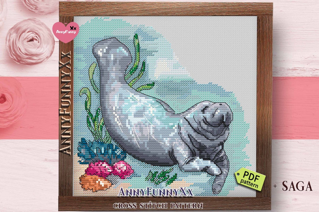 Manatee Gifts Counted Cross Stitch Pattern PDF Needlepoint Embroidery Design Handmade DIY Ocean ...