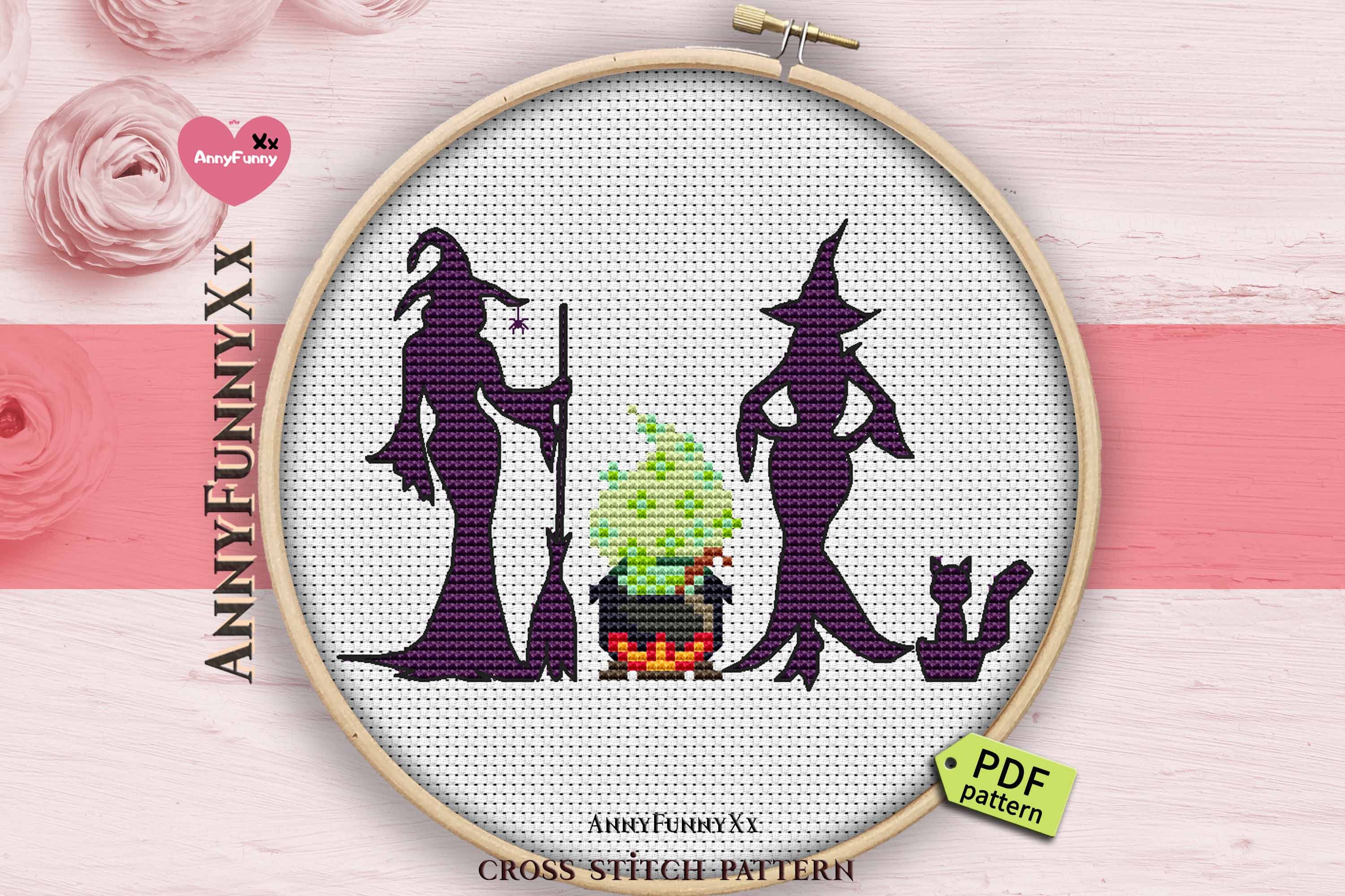 Witch With Cat Halloween Cross Stitch Pattern PDF Witches - Etsy