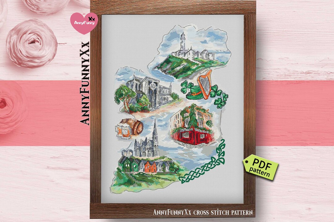 Ireland Map With Symbols Cross Stitch Pattern County Irish Travel Saint ...